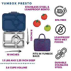 Yumbox® Presto Leakproof Stainless Steel Bento Box (Santa Fe Blue) 4 compartments plus treat well, Lightweight, Premium Durable Materials, Silicone seal, Stainless Steel Tray, Easy open Latch