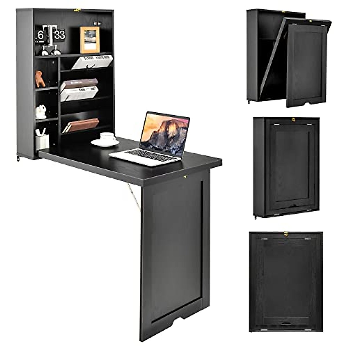 Wall-Mounted Fold-Out Convertible Floating Desk Space Saver, Multi-Function Murphy Desk for Home Office, Space Saving Computer/Hanging Desk, Table with Storage Area