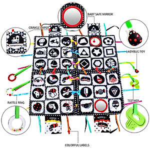 ONTODEX Baby Toys 0-6 Months, 4-in-1 Infant Tummy Time Mat, Newborn Black and White High Contrast Toddler Sensory Activity Play Mat with Mirror, Teethers, Rattles