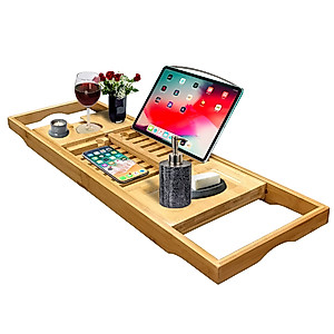 Nature Gear Bamboo Bathtub Tray, Waterproof & Durable Wooden Bath Tray Table for Tub, Extendable Reading Caddy with Phone & Tablet Holder, Easy-to-Adjust Bamboo Trays for Bathroom, Premium Bamboo