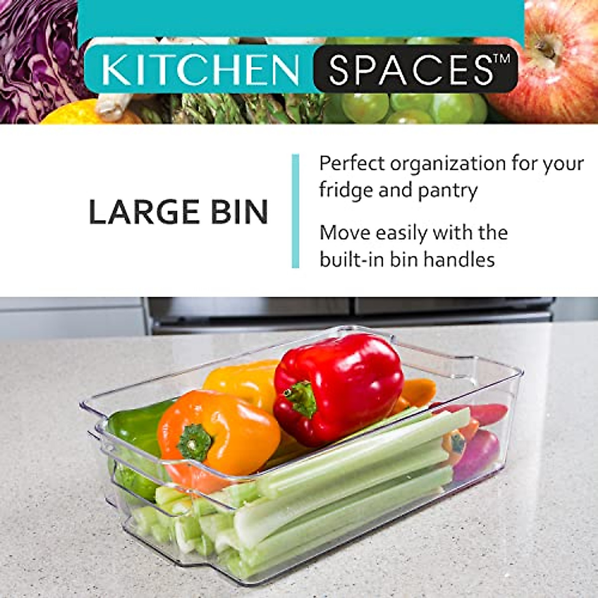 Kitchen Spaces KSL12-AMZ Large Bin Food Storage Organizer for Fridge and Pantry, 14.1" x 8.4" x 3.9", Clear