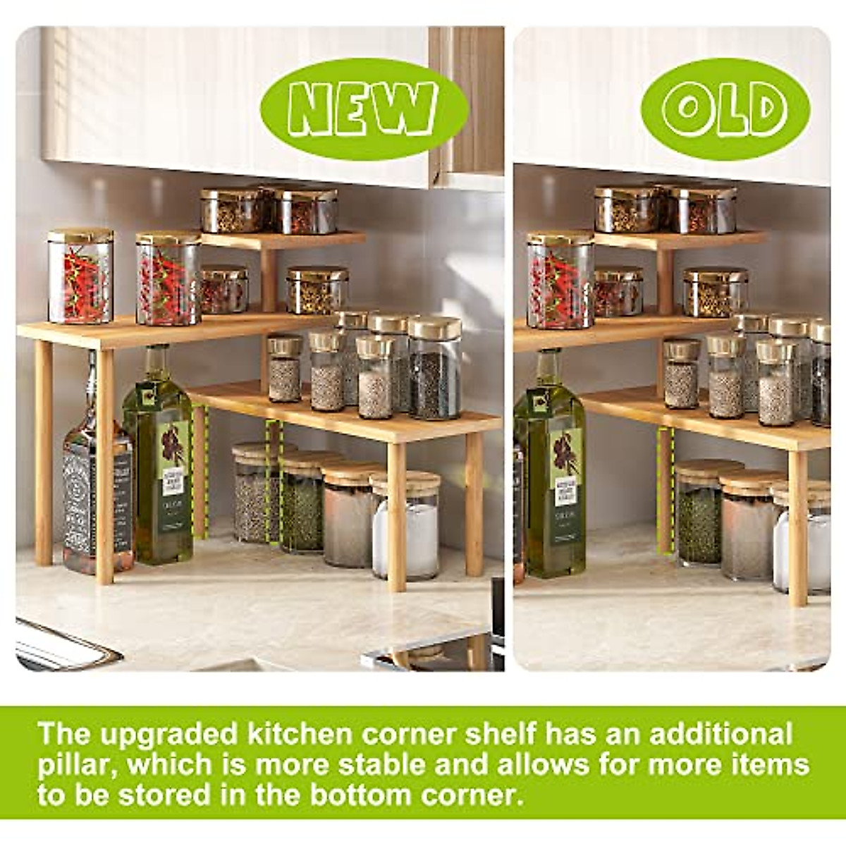 BMOSU Kitchen Corner Shelf Countertop Organizer Adjustable Spice Rack Corner Display Rack Shelf Cabinet Corner Rack 3 Tier Storage Organization Bamboo for Kitchen Bathroom Office Counter Shelves