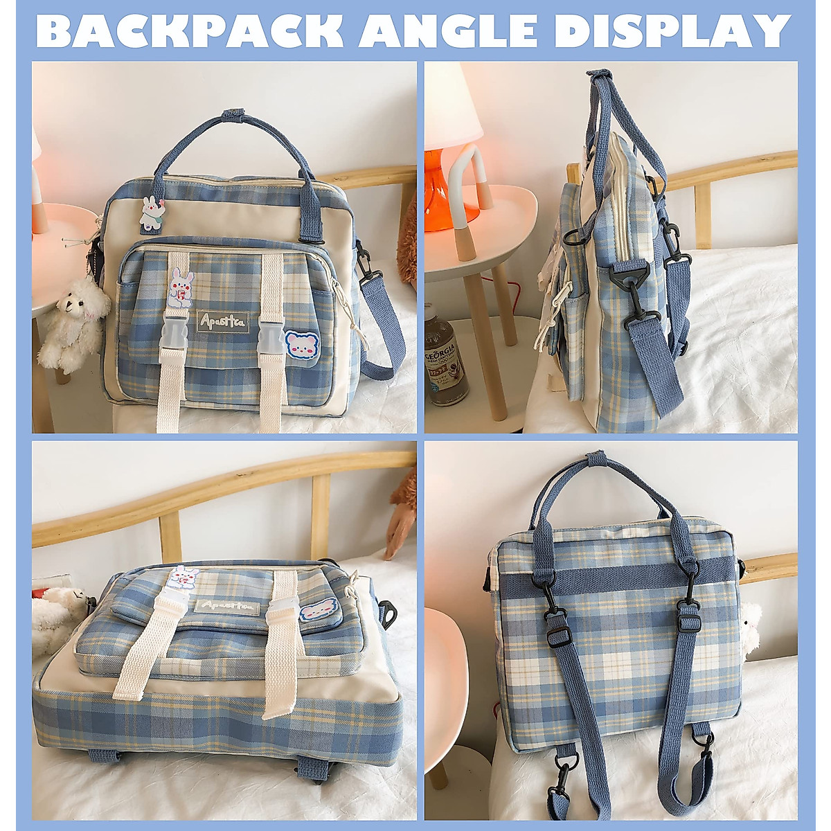 Dcepem Kawaii Backpack with Bear Pins and Plush Accessories Ita Bag Tote Back Japanese Handbag School Bag for Girls&women(blue)