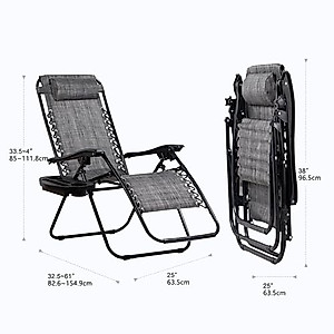 Nazhura Set of 2 Relaxing Recliners Patio Chairs Adjustable Steel Mesh Zero Gravity Lounge Chair Beach Chairs with Pillow and Cup Holder(Grey)