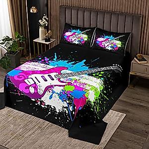 Guita Music Lovers Kids Bedspread King Size,Musical Instrument Fashion Coverlet Set,Girls Boys Adults Bedroom Decor,Modern Graffiti Hip-hop Quilted Coverlet,Watercolor Bedding Quilt,2 Pillowcases