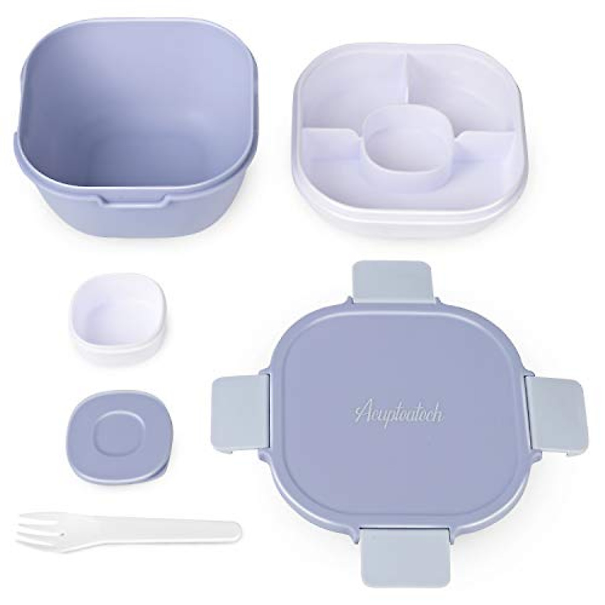 Upgraded Salad Bowl with Lid Leak-proof 57.5oz Stackable Salad Lunch Box with Larger Capacity Salad Mixing Bowl and 3-Compartment Bento-Style Topping Tray, Sauce Box,Cutlery, BPA FREE(powder blue)