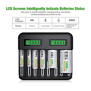 EBL LCD Universal Battery Charger - 8 Bay AA AAA C D Battery Charger for Rechargeable Batteries Ni-MH AA AAA C D Batteries with C Rechargeable Batteries 6 Pack