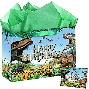 Dinosaur Birthday Gift Bag for Boys Girls Kid Dinosaur Happy Birthday Favor Bag Dinosaur Birthday Wrapping Paper Bag with Tissue Paper and Greeting Card for Dinosaur Birthday Christmas Party Supplies