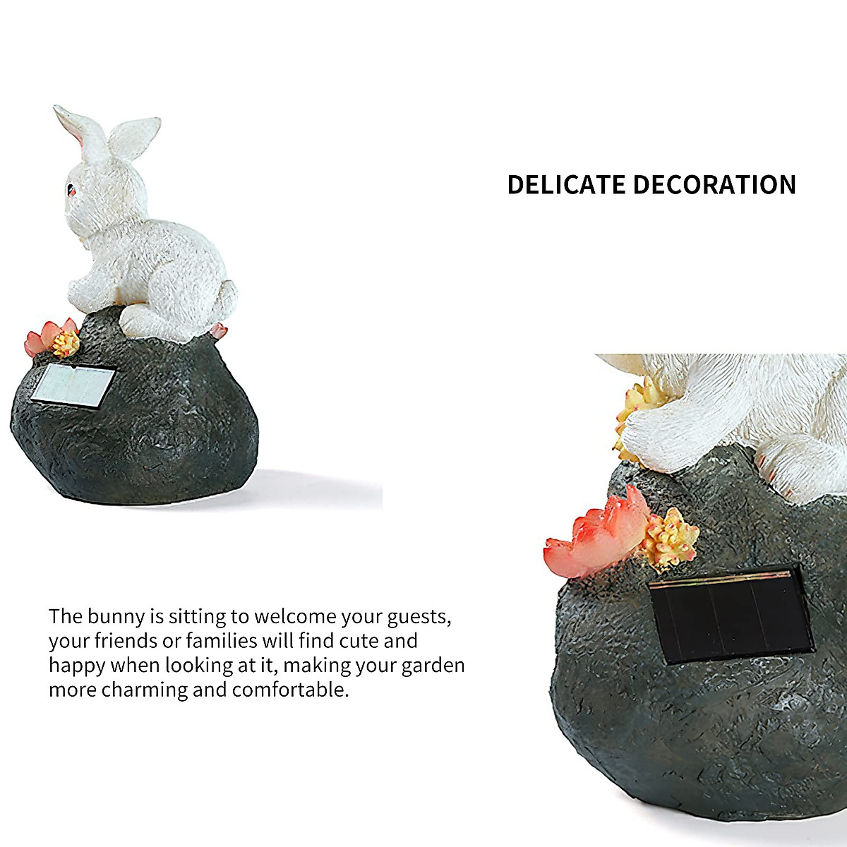 Resin Rabbit Ornament Solar Powered Bunny Statue Lamp Adorable Rabbit Figurine Decorative LED Lawn Light Lovely Art Decor Sculpture for Garden Patio Lawn Desktop Home Office