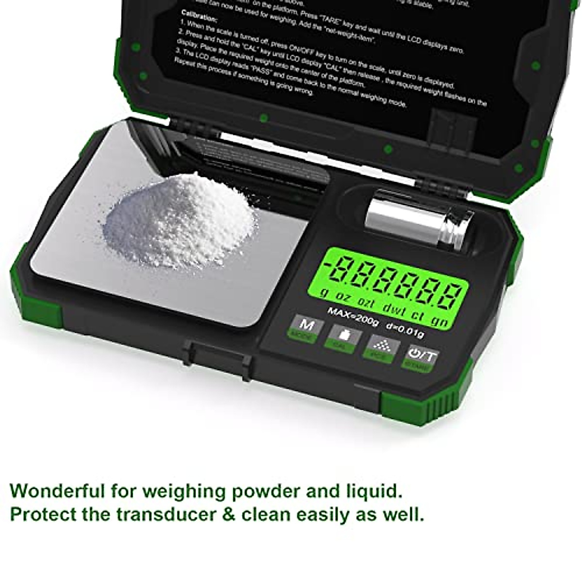 Gram Scale Pocket Size, 200/0.01g Small Scale w/Tray, Herb Coin Scale LCD Backlight Arrow Scale with USB Power Supply Port Read in 6 Units 50g Calibration Weight Included