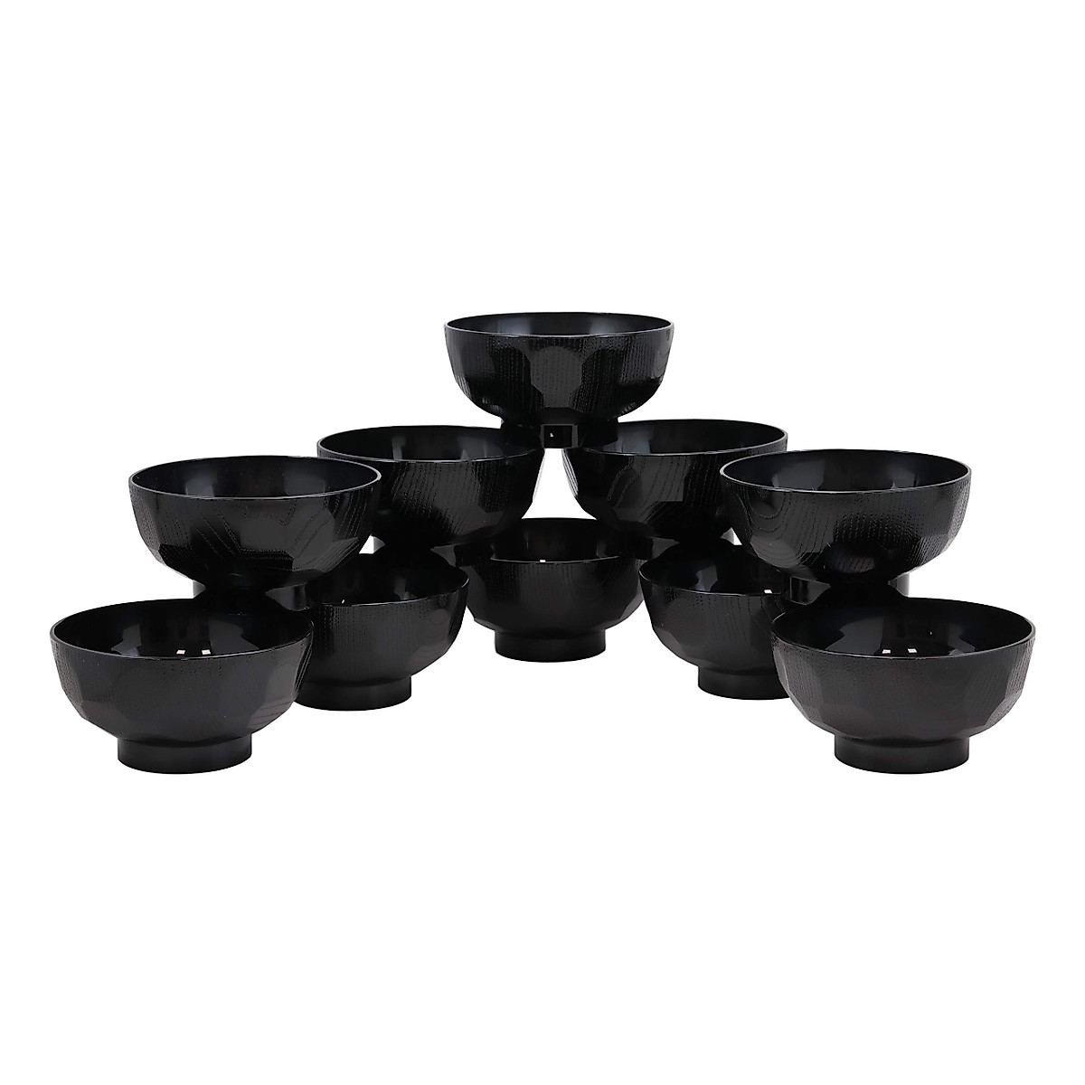 Ebros Gift Japanese Contemporary Black Lacquer Ridged Bowls For Rice Miso Appetizer Soup 4.5" Diameter Made In Japan Decorative Bowl Set of 10 Lacquered Serveware For Restaurants Home Kitchen Gifts