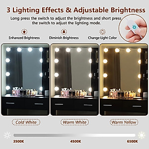 usikey Large Vanity Desk with Mirror & 10 LED Lights, Makeup Vanity Dressing Table with Power Strip, Storage Shelves & 5 Drawers, Vanity Table Set with Cushioned Stool for Women Girls, Black