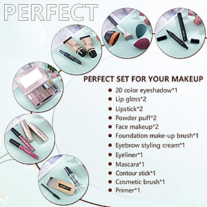 All in One Makeup Kit for Women Full Kit Includes Palette Foundation & Face Primer, Makeup Brush Makeup Sponge, Eyebrow Soap, Winged Eyeliner Stamp 20 Colors Eyeshadow Gift Set for Women, Girls & Teen