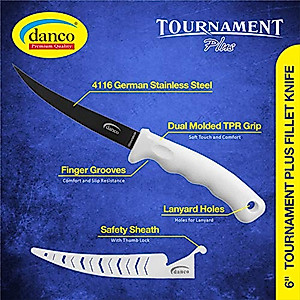 danco Tournament Plus 6" Fillet Knife | Full Tang German G4116 Stainless-Steel Blades with Teflon Coating, Locking Sheath, Perfect for Saltwater Fishing & Hunting