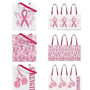 Fun Express Large Pink Ribbon Reusable Tote Bags (Set of 12) Breast Cancer Awareness Supplies, 12" x 17" Tote