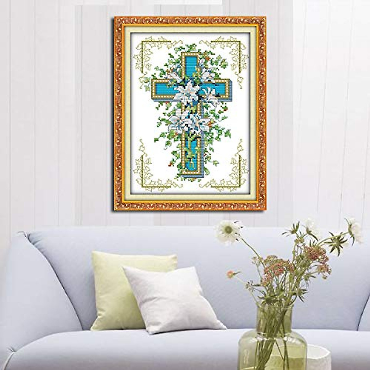 Joy Sunday Cross Stitch Stamped Kits Pre-Printed Cross-Stitching Starter Patterns for Beginner Kids or Adults, Embroidery Needlepoint Kits The Cross Lily