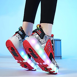 LED Light Up Roller Shoes with Double Wheels, Retractable Skateboarding Shoes for Kids Outdoor Sport Cross Trainers with Flashing Sneakers (2.5,D-Red)