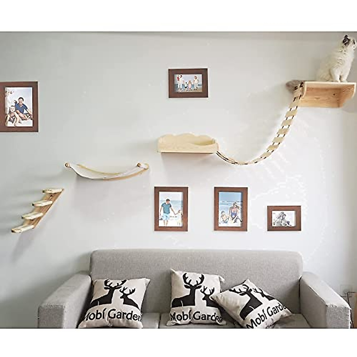 Cat Hammock Wall Mounted Cats Shelf and Climbing Shelf Four Step Cat Stairway with Sisal Scratching and Climbing Bridge Step Solid Wood Cat Tree Sleeping Playing Lounging Perching Cat Furniture