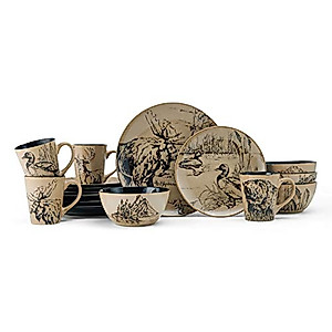 Mossy Oak Animal Print 16 Piece Dinnerware Set, Black and Beige