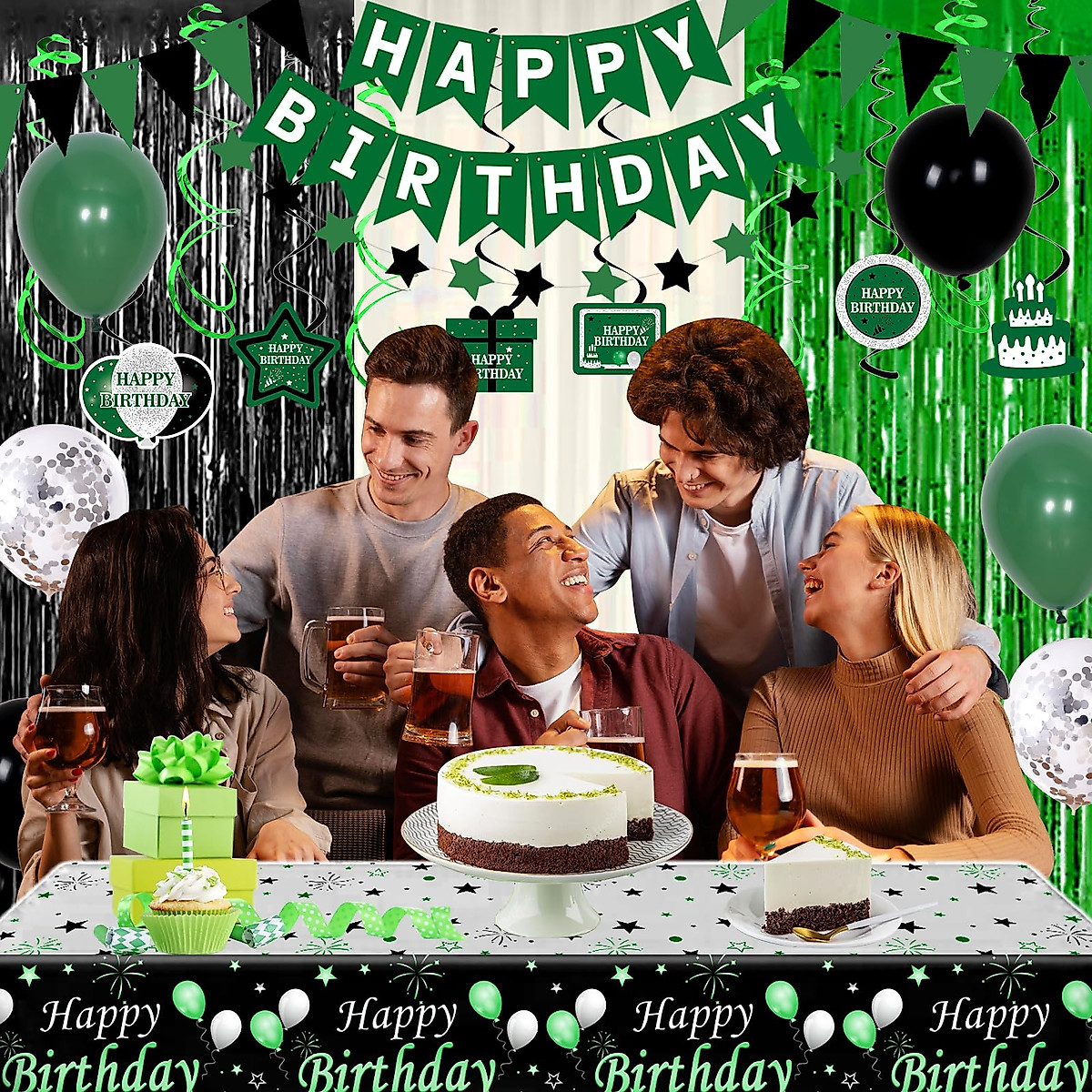 Green and Black Party Decorations for Men Women, Green Birthday Decorations for Boys Girls, 63pcs Happy Bday Party Supplies with Tablecloth Foil Fringe Curtains Balloons Hanging Swirls Decor