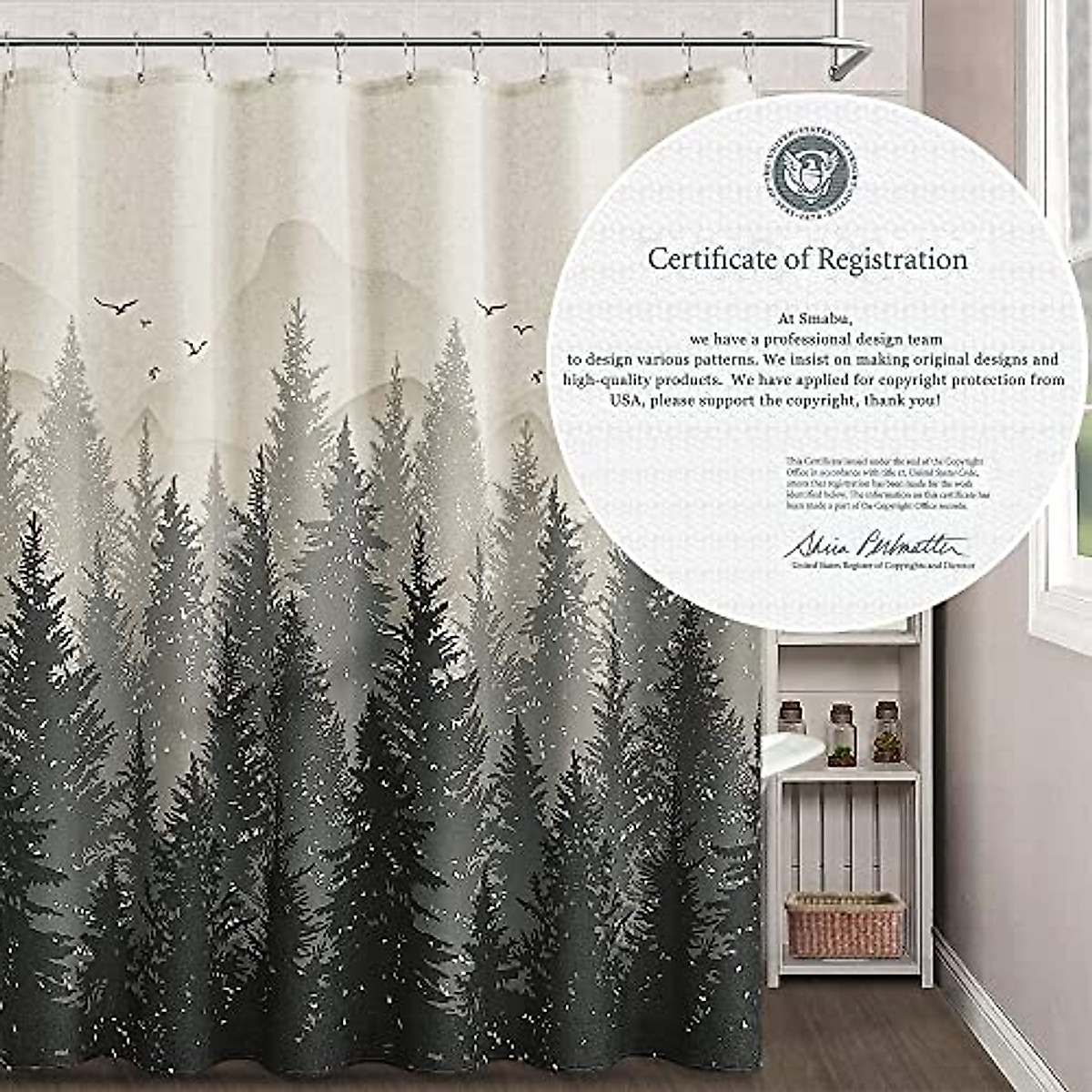 SMABU Black Linen Shower Curtain with Liner Natural Fabric Shower Curtain Liner Set with Hooks Rustic Forest Mountain Shower Curtains for Bathroom Black and Cream Double Shower Curtain Dark Grey 72x72