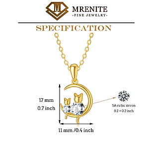 MRENITE Solid 14k Yellow Gold Cat Moon Necklace with Cubic Zirconia Cat Sitting on Crescent Moon Pendant Animal Jewelry Gifts for Women
