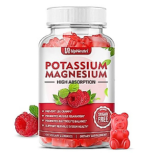 Potassium Magnesium Supplement Gummies for Adults Kids, Sugar-Free Potassium Citrate Gummies Supports Leg Cramps & Muscle & Heart Health, Vegan Magnesium Glycinate Gummies Raspberry Flavor 60 Cts