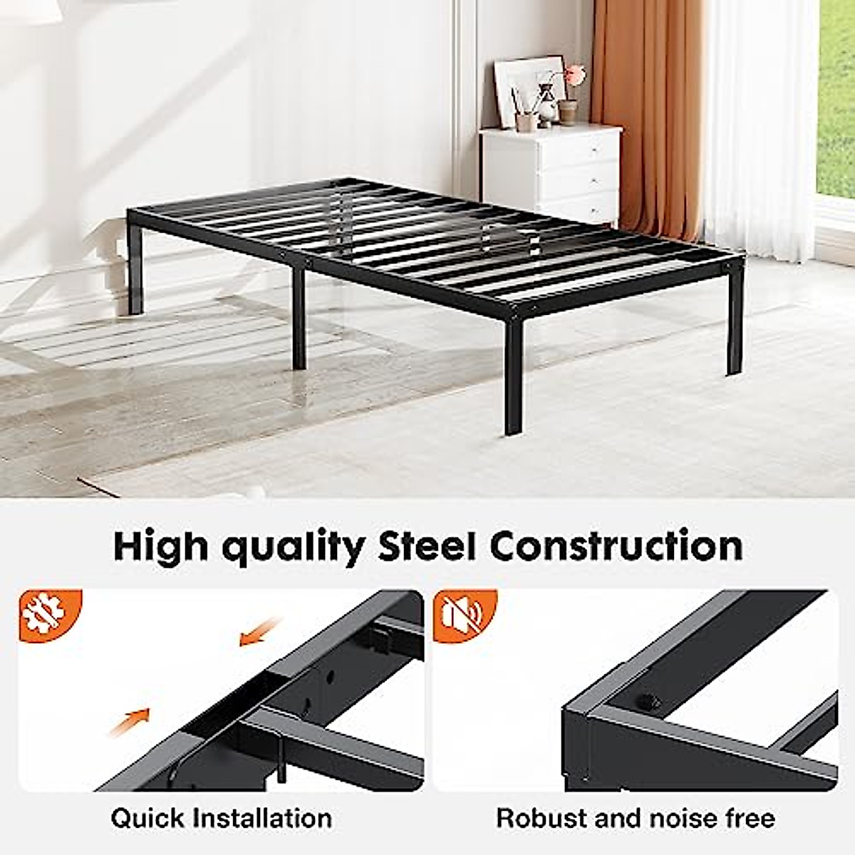 Sweetcrispy Twin Bed Frame - Heavy Duty Metal Platform Bed Frames Twin Size with Storage Space Under Frame, 14 Inches, Sturdy Steel Slat Support, No Box Spring Needed