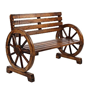 Flulep Rustic 2-Person Wooden Wagon Wheel Bench with Slatted Seat and Backrest, Brown