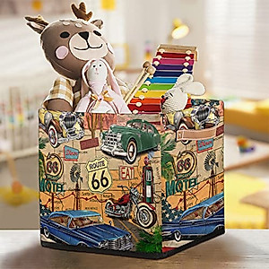 Repair Route 66 Retro Poster Cube Storage Bins 13 x 13 x 13 inch, Vintage Garage Fabric Organizer Bins Basket Boxes with PU Leather Handles Foldable Storage Cube for Clothes Bedroom Closet Shelves