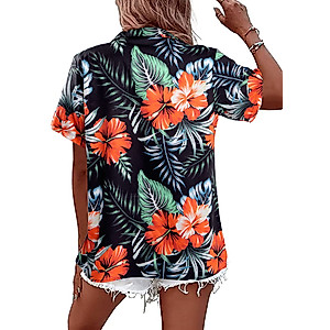 FAYALEQ Womens Summer Hawaiian Shirts Soft Cool Floral Tropical Print T-Shirt Button Down V Neck Short Sleeve Tee Tops Black
