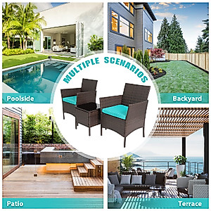 3-Piece Patio Bistro Set Wicker Conversation Set Outdoor Furniture Sets with 2 PE Rattan Wicker Chairs, 2 Cushions,1 Coffee Table for Yard Garden