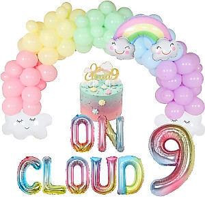 JOYMEMO On Cloud 9 Birthday Decorations for Girls Pastel Rainbow Balloon Garland Arch Kit On Cloud 9 Cake Topper/Balloon Banner for Sky Theme 9th Birthday Party Supplies
