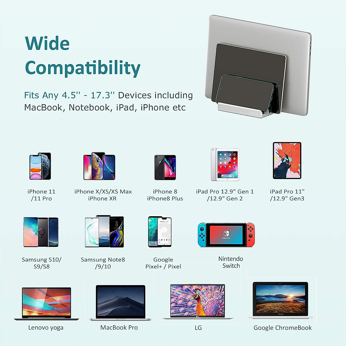 Nukoi Vertical Laptop Stand - SPACEMax Adjustable GRIPLock Anti-Tip Silicone 4 Slots Aluminum Desktop Holder - Double Dock Stand - 2 Phone Slots Fits Up to 17.3” Laptops, Tablets, Phones - Silver