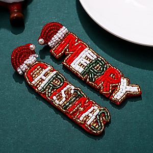 Christmas Earrings Beaded Xmas Bow Earring for Women Handmade Red Green Holiday Bow Drop Dangle Earrings Festive Jewelry Gifts (Merry Christmas)