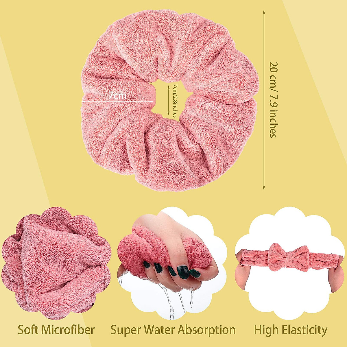 Chuangdi Microfiber Hair Towel Set - 4 Pieces Large Thick Scrunchies and Adjustable Makeup Headband