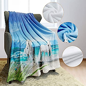 OHTMTHO 40"x50" Blanket Super Soft Warm Lightweight Fleece Throw for Couch Sofa Bed - Seaside White Horses