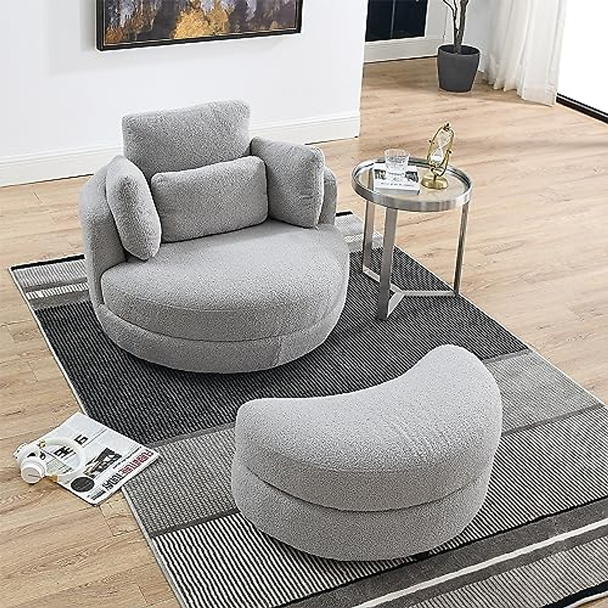 Swivel Accent Barrel Chair with Storage Ottoman,Comfy Teddy Upholstered 360° Recliner Sofa Club Chaise Leisure Round Lounge Armchair Singel Lazy Sofá Arm Chairs and Footrest Set for Living Room/Hotel