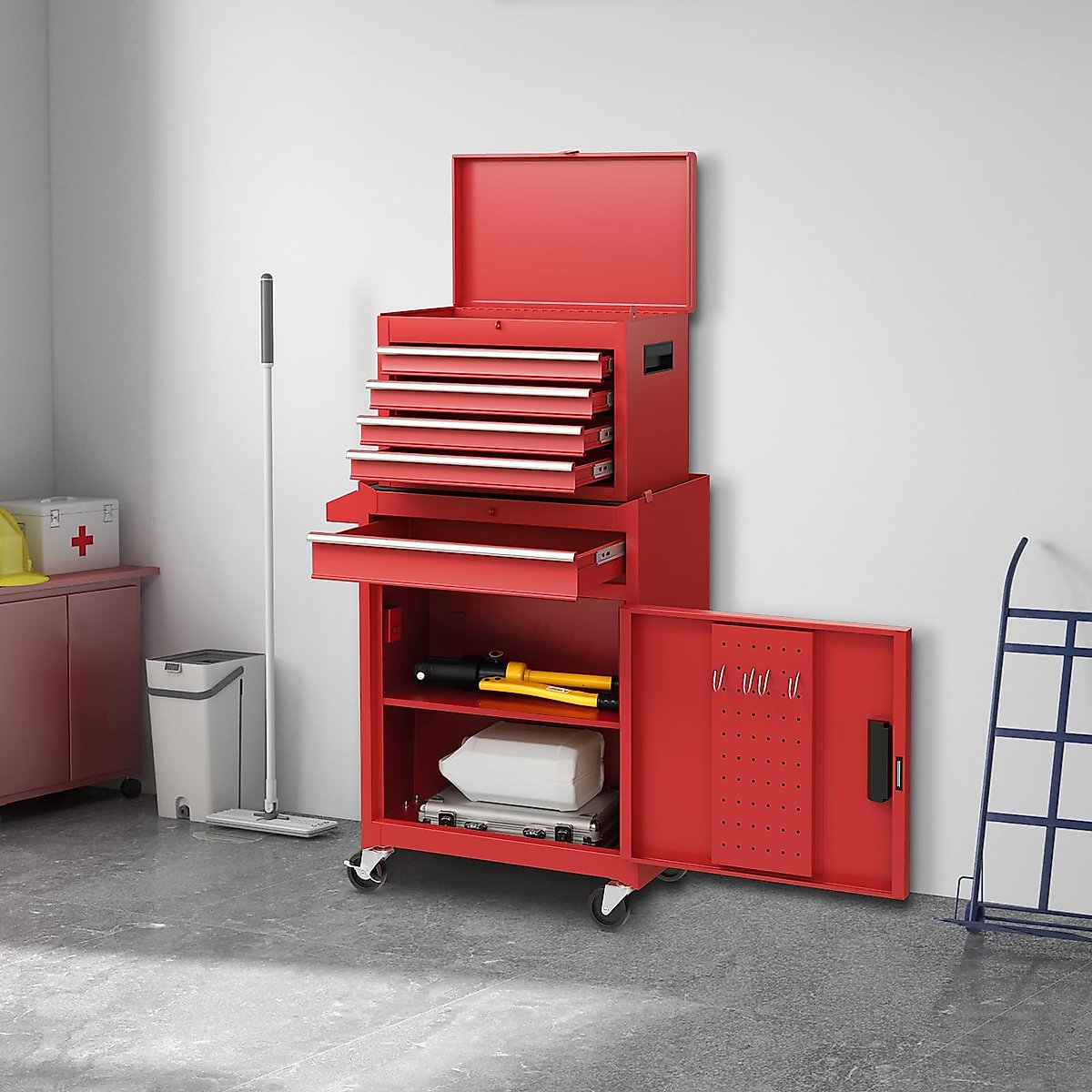 Goplus Tool Chest, 5-Drawer Rolling Tool Storage Cabinet with Detachable Top Tool Box, Liner, Universal Lockable Wheels, Adjustable Shelf, Locking Mechanism, Metal Tool Cart for Garage Workshop
