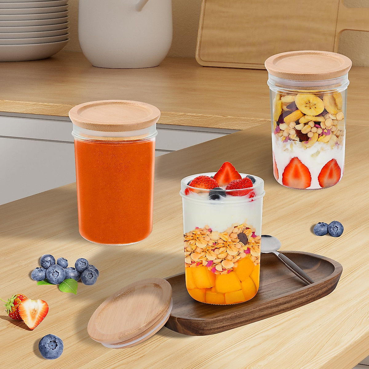 Xyptorix 6-Pack Overnight Oats Containers with Lids - Wide Mouth Mason Jars 16 oz, Easy to Clean Glass Jars with Bamboo Lid for Oatmeals, Chia Pudding, Salad, Yogurt, Snacks, Spice, Coffee