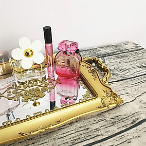 Hamphinee Rectangle Antique Decorative Mirror Tray, Perfume Organizer, Jewelry Dresser Organizer Tray & Display, Makeup Organizer Vanity Tray, Serving Tray, 9.3"x14.9", Gold