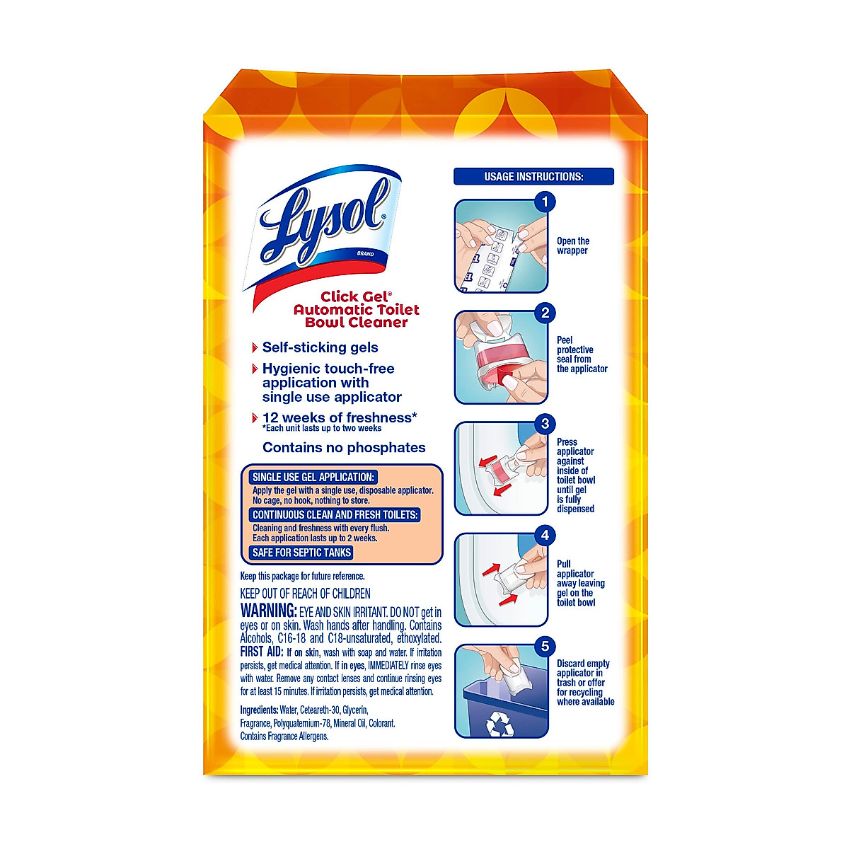Lysol Click Gel Automatic Toilet Bowl Cleaner, Gel Toilet Bowl Cleaner, For Cleaning and Refreshing, Mango & Hibiscus, 6 applicators.