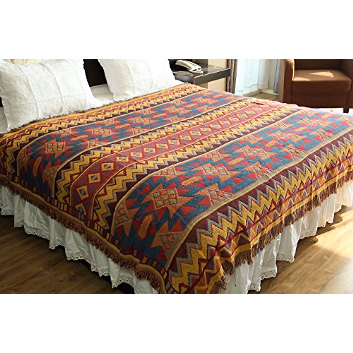 HNNSI Bohemian Cotton Woven Blanket Throw with Fringe, Reversible Sofa Towel Knitted Couch Blanket Throw for Bed Chair, Home Office Decor Tassels Blanket (51x70inch)