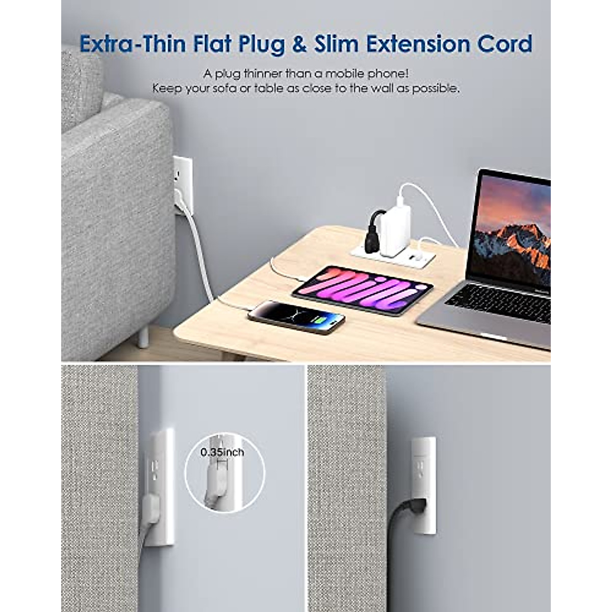 Recessed Power Strip with USB,Flat Plug Ultra Thin Extension Cord,Furniture Desktop Charging Station for Side Table,End Table,Flush-Mount Desk Outlet Power Grommet with 9.85ft Cord(White)