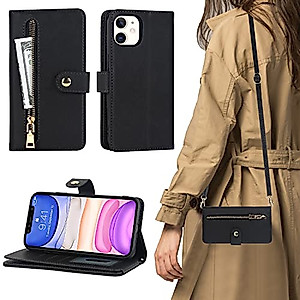 iCoverCase for iPhone 11 Wallet Case with Card Holder, Adjustable Crossbody Lanyard PU Leather Kickstand Card Slots Zipper [Not Detachable] Flip Cover Case 6.1 Inch (Black)