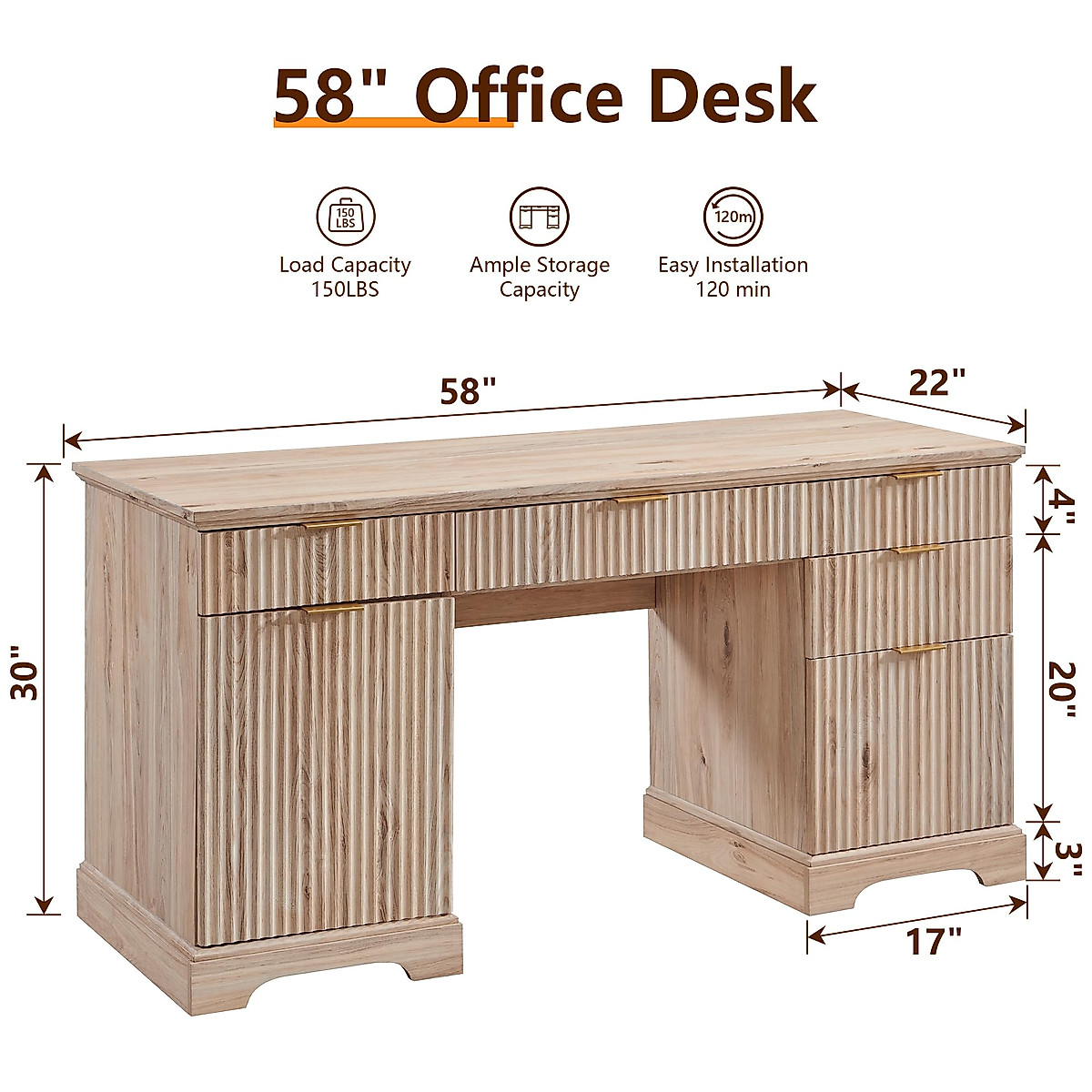 JXQTLINGMU 58" Modern Executive Desk with Storage, Wood Home Office Desk with 5 Drawers & 1 Cabinet, Fluted Computer Writing Desk for Study, Living Room, Bedroom, Natural Oak