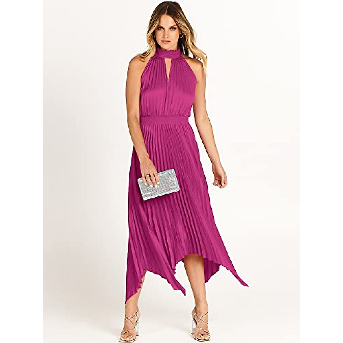 ANRABESS Women's Sleeveless Cutout Halter Neck Satin Formal Dress Smocked Pleated Asymmetric Party Cocktail Maxi Dress Elagant Wedding Guest Evening Graduation Prom Dress 752meihong-M Rose