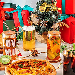 Combler Drinking Glasses with Bamboo Lids and Straws, 16 oz Glass Cups Set of 6, Beer Glass Coffee Cups with Lids and Straw, Iced coffee Cup for Coffee Bar Accessories, Birthday Gifts for Women