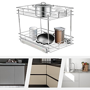 PIOJNYEN Pull Out Cabinet Organizer, 2-Tier Cabinet Pull Out Shelves, Kitchen Cabinet Organizer for Storing Kitchen Utensils Such As Dinner Plates, Bowls, Spices, Baking Supplies, Dishes, Cups,