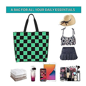 TWKGBUAD Classic Green and Black Plaid Print Reusable Shoulder Shopping Bag - Large Capacity Tote Bag with Inner Pocket for Women Men